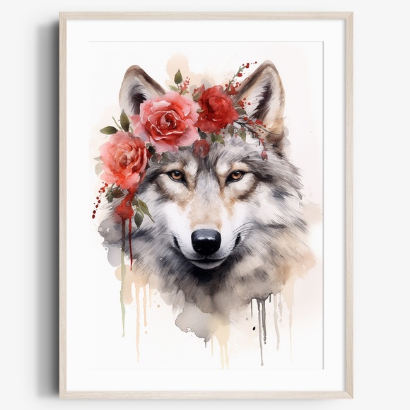Art | Watercolor Floral Wolf Portrait Wall Art Illustration Print ...